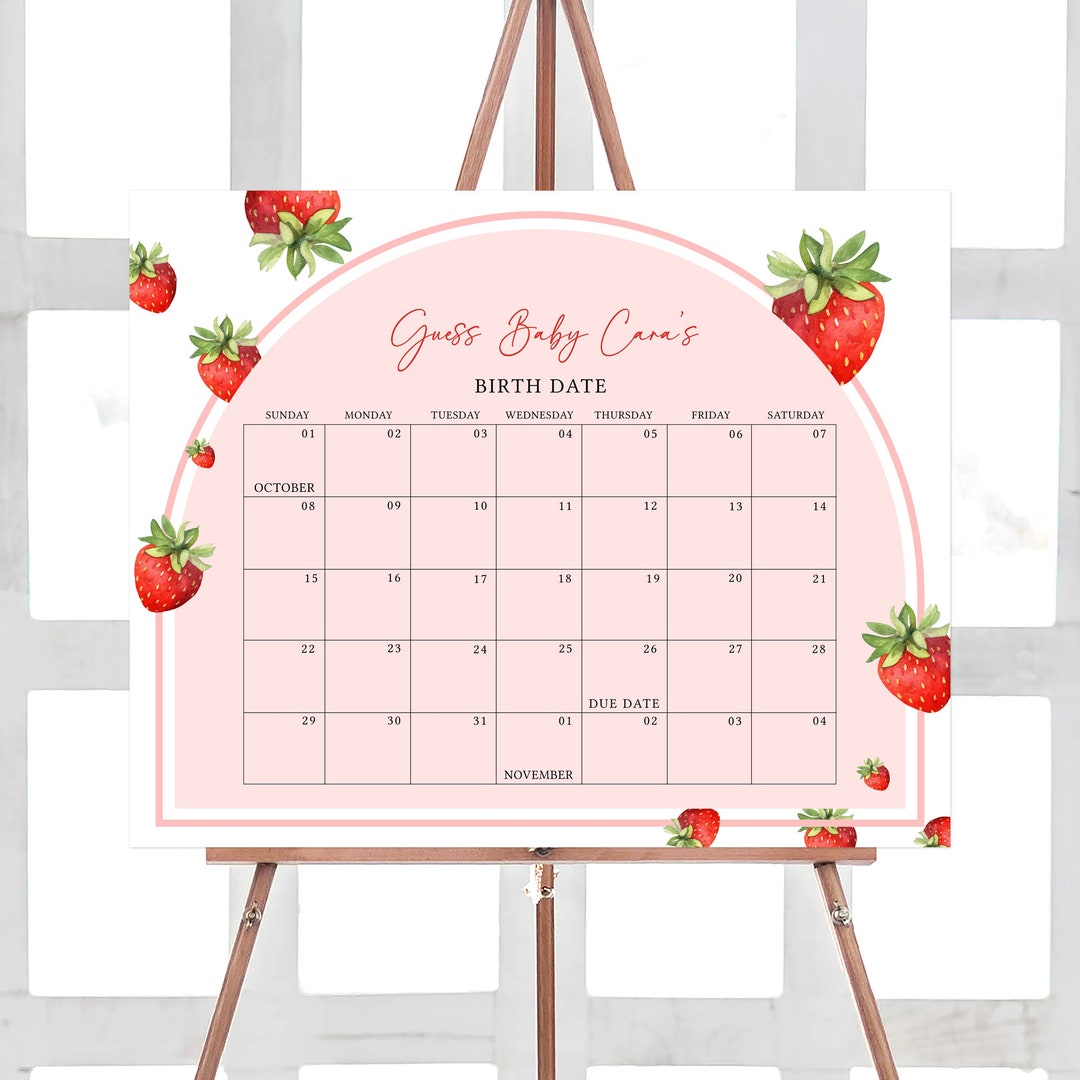 Editable Strawberry Baby Shower Due Date Calendar, Berry Sweet Baby ...