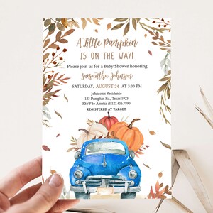 Editable Blue Fall Pumpkin Truck Baby Shower Invitation Bundle, Boy ...
