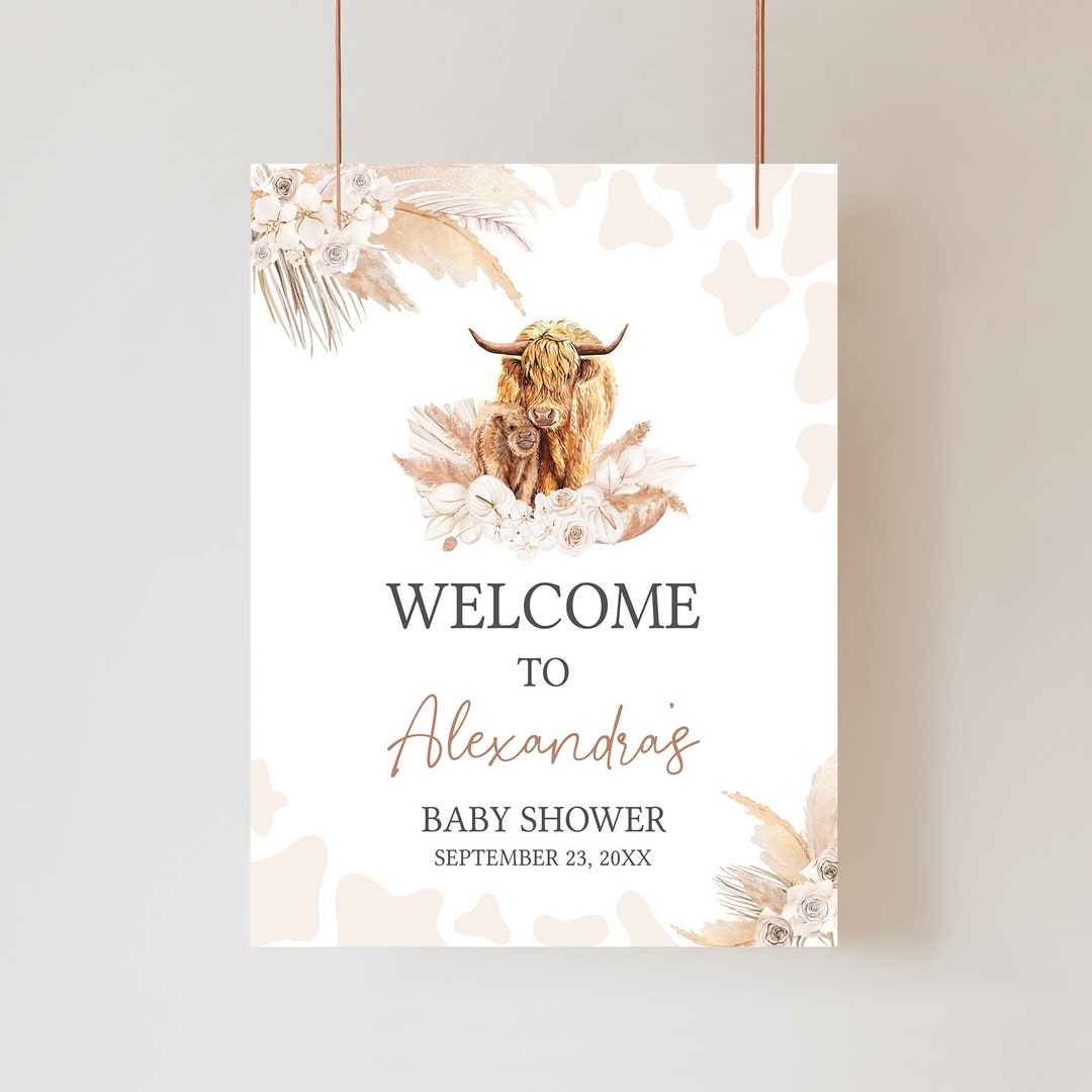 Editable Boho Highland Cow Baby Shower Welcome Sign, Gender Neutral ...