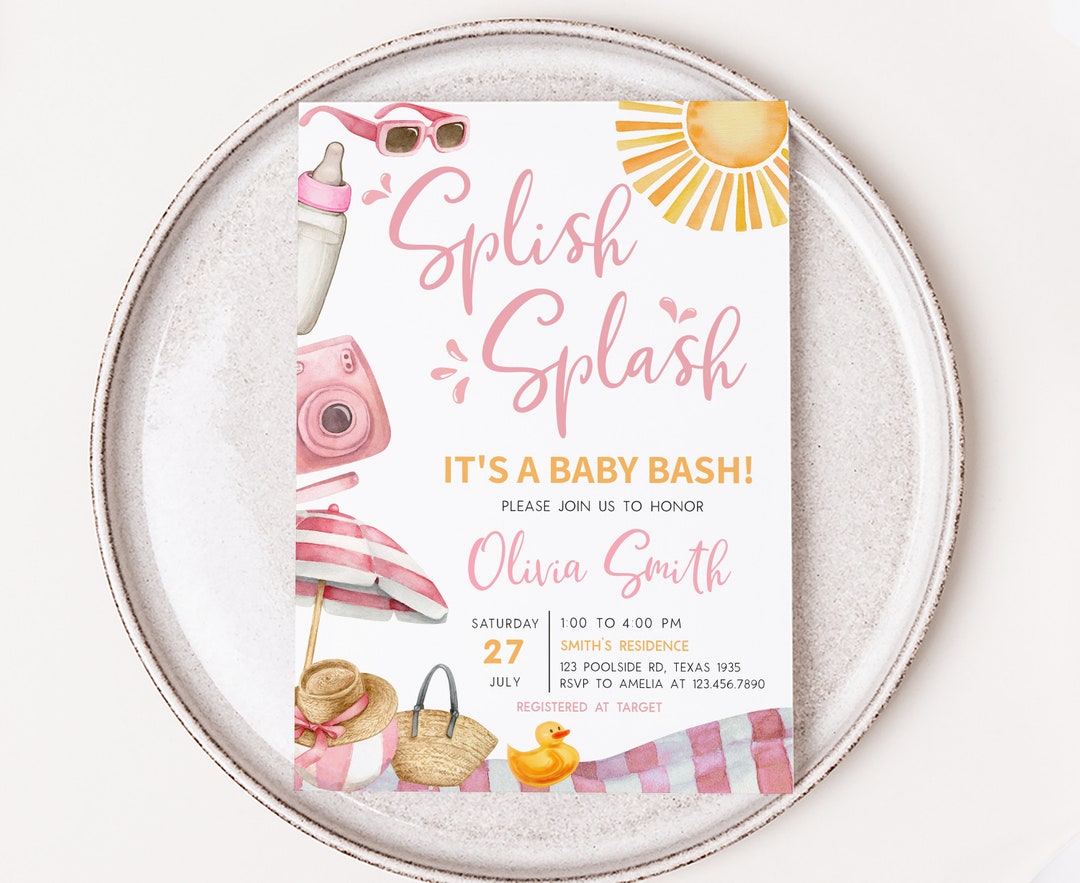 Editable Girl Beach Baby Shower Invitation, Splish Splash Baby Bash ...