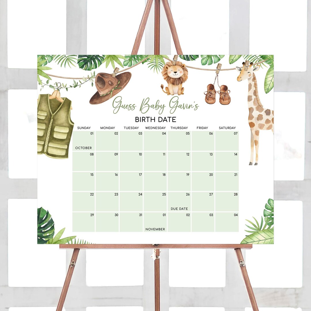 Editable A Little Wild One Baby Shower Due Date Calendar, Greenery ...