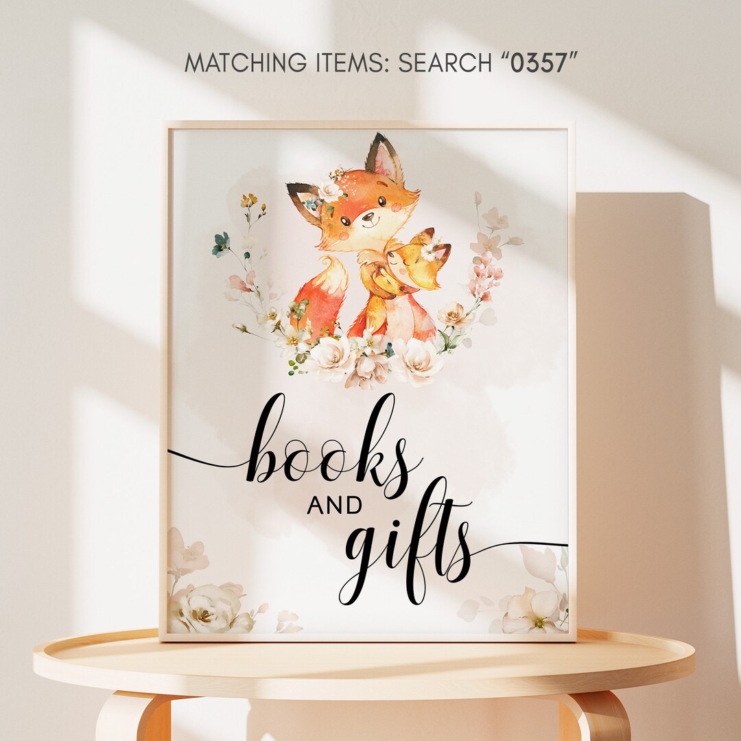 Floral Fox Baby Shower Books and Gifts Sign, Girl Fox Baby Shower Gifts ...