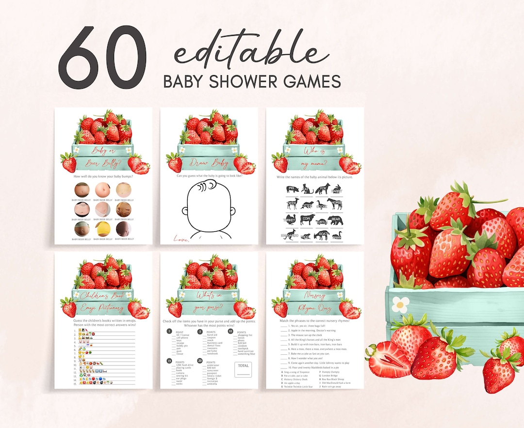Editable Berry Sweet Baby Shower Games Bundle, Strawberry Baby Shower ...