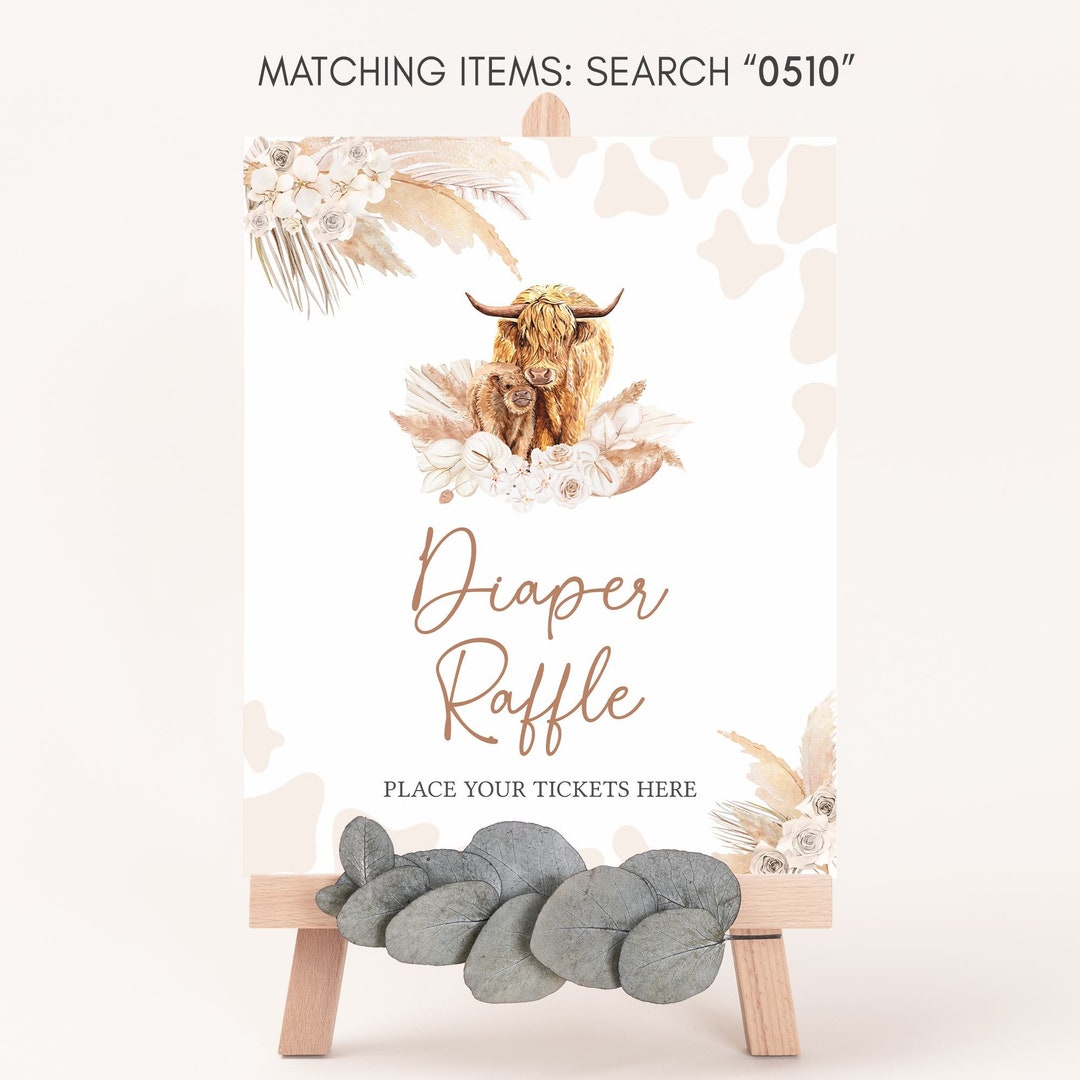 Diaper Raffle Sign Boho Highland Cow Baby Shower, Gender Neutral Holy ...