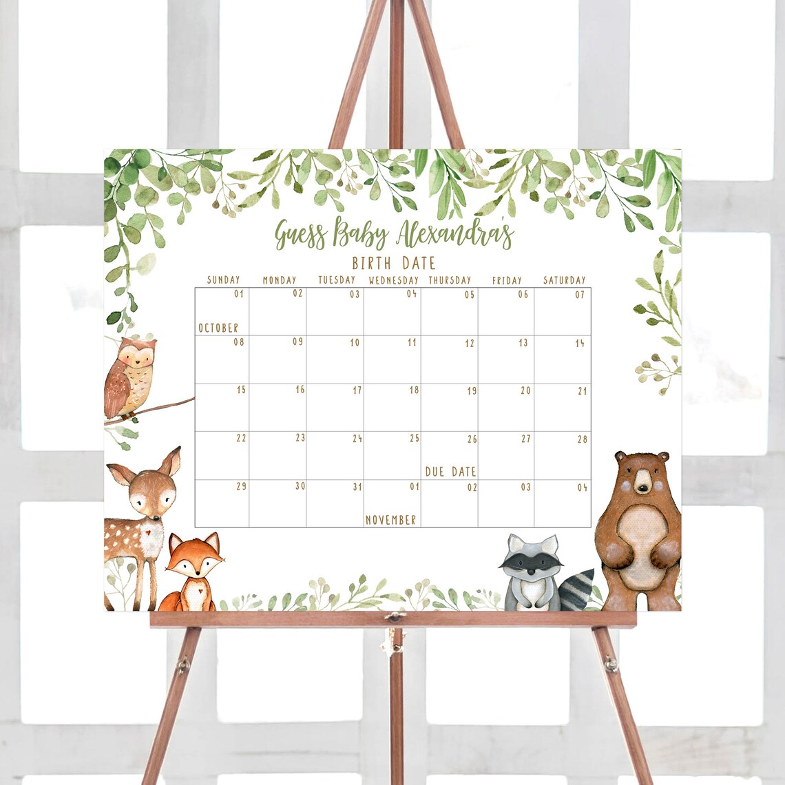 Editable Woodland Baby Shower Due Date Calendar, Greenery Woodland ...