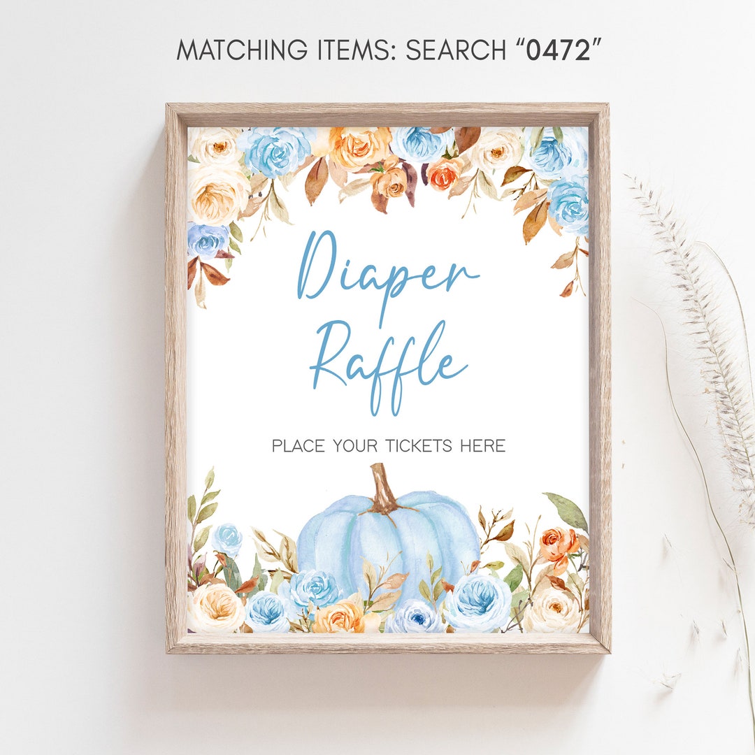 Diaper Raffle Sign Blue Floral Pumpkin Baby Shower Boy Fall Baby Shower ...