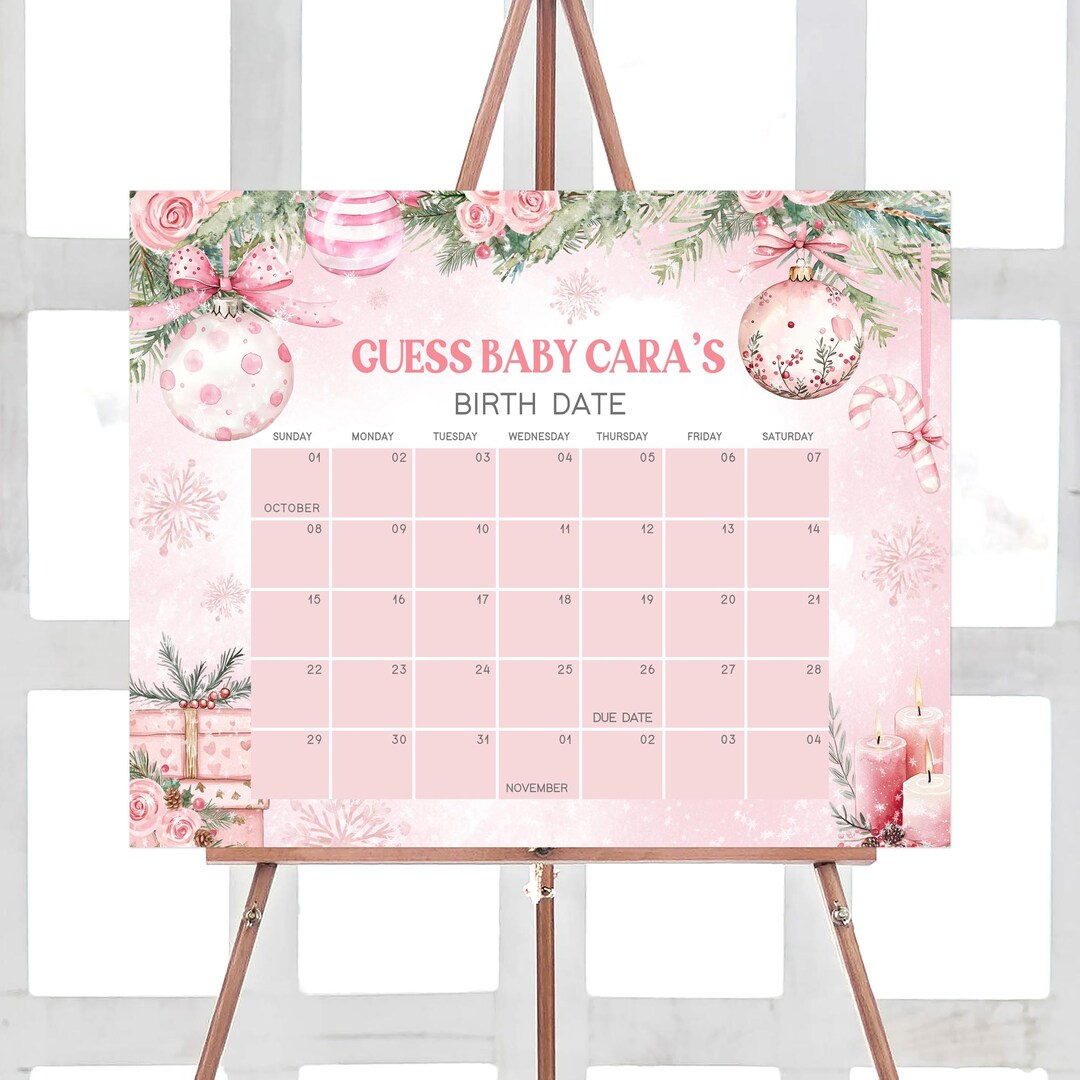 Editable Baby It's Cold Outside Baby Shower Due Date Calendar, Pink ...