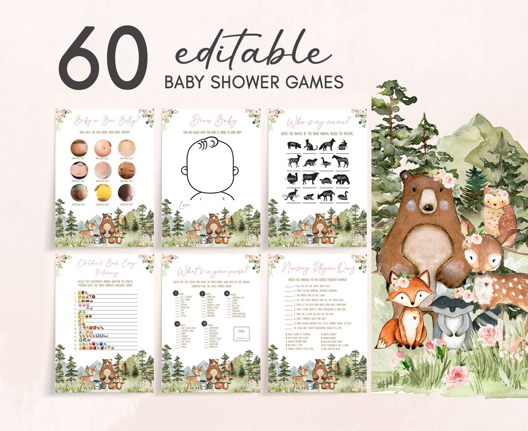 Editable Woodland Baby Shower Games Bundle, Girl Floral Woodland Baby ...