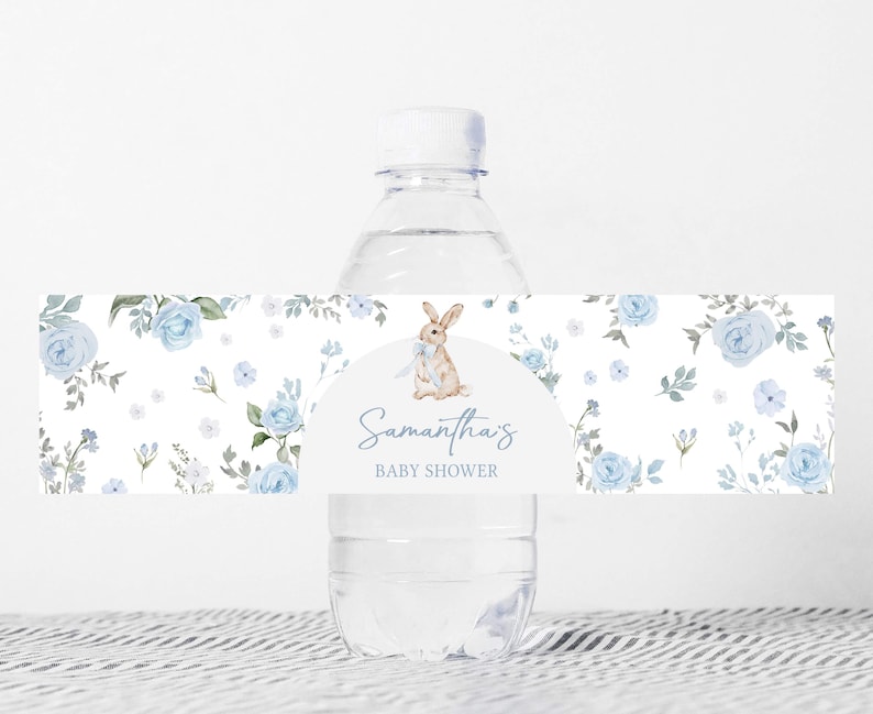 Editable Some Bunny Baby Shower Bottle Label, Blue Floral Bunny Baby ...