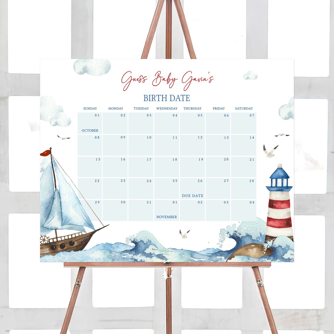 Editable Nautical Baby Shower Due Date Calendar, Ahoy It's A Boy Baby ...