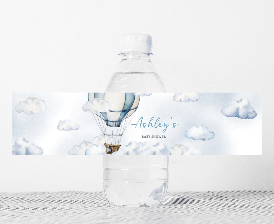 Editable Adventure Awaits Baby Shower Bottle Label, Blue Hot Air ...