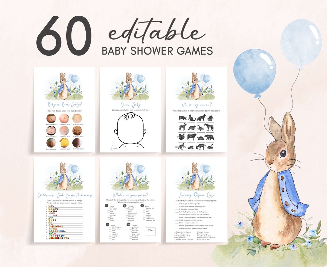 Editable Blue Peter Rabbit Baby Shower Games Bundle, Bunny Boy Baby ...