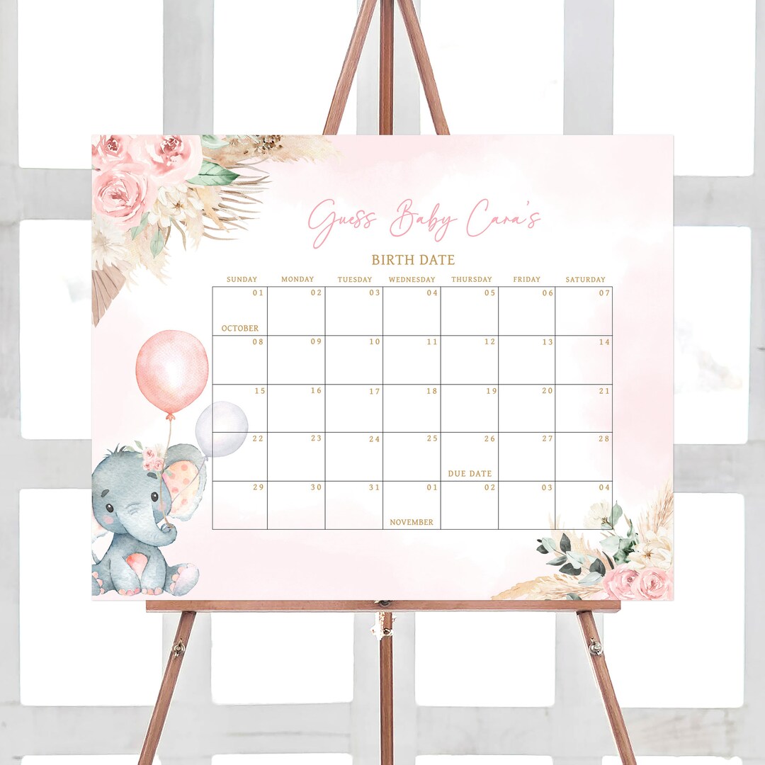 Editable Boho Elephant Baby Shower Due Date Calendar, Girl Pink ...