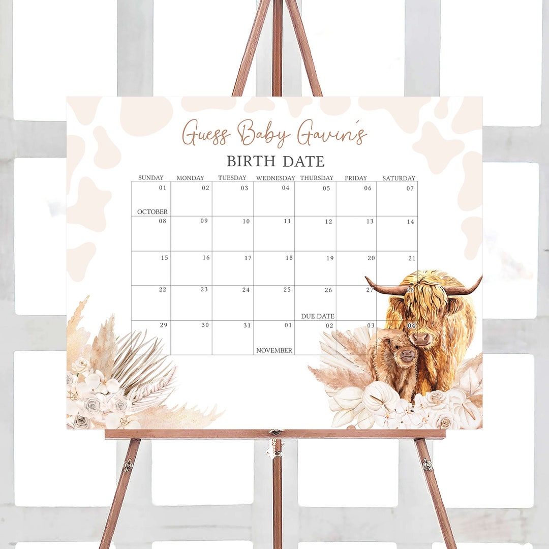 Editable Boho Highland Cow Baby Shower Due Date Calendar, Gender ...
