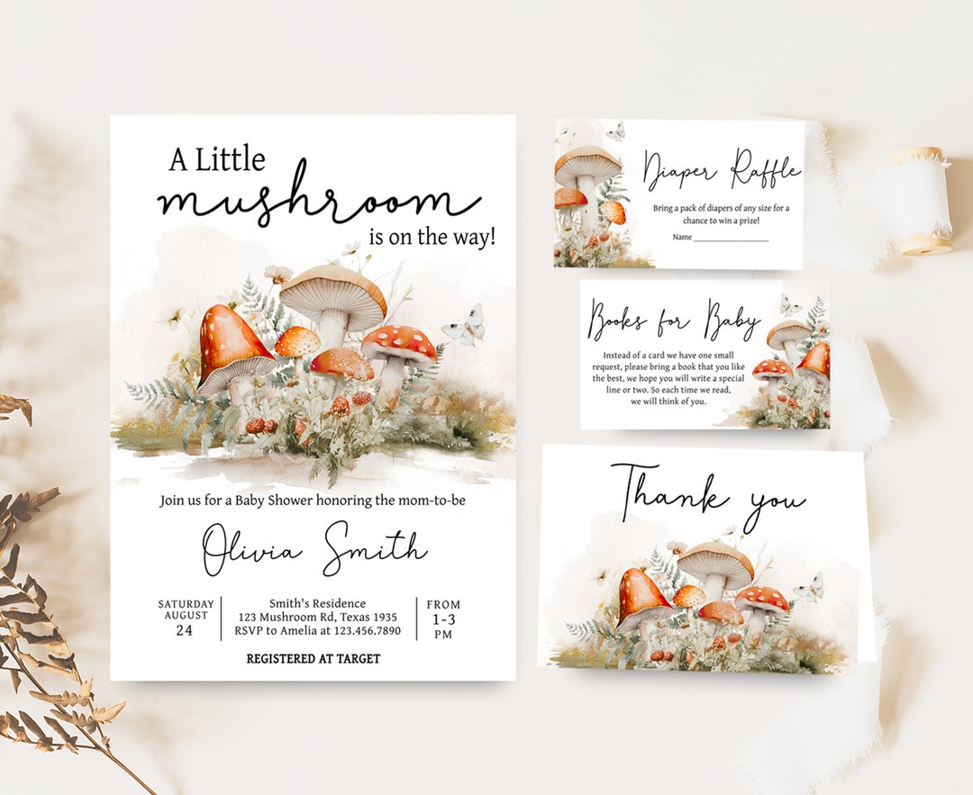 Editable Mushroom Baby Shower Invitation Bundle, Cottage Core Mushroom ...