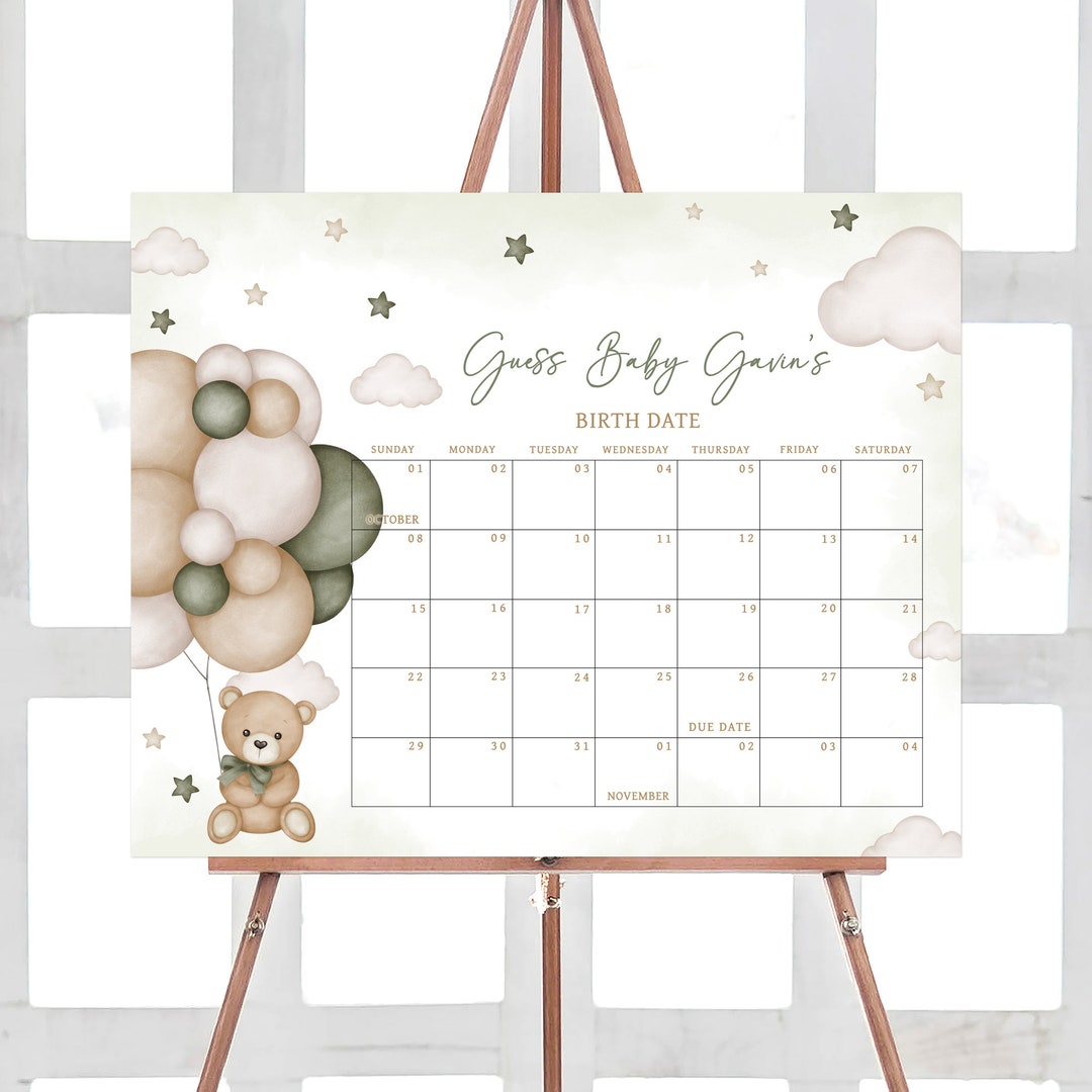 Editable Gender Neutral Bear Balloon Baby Shower Due Date Calendar, We ...