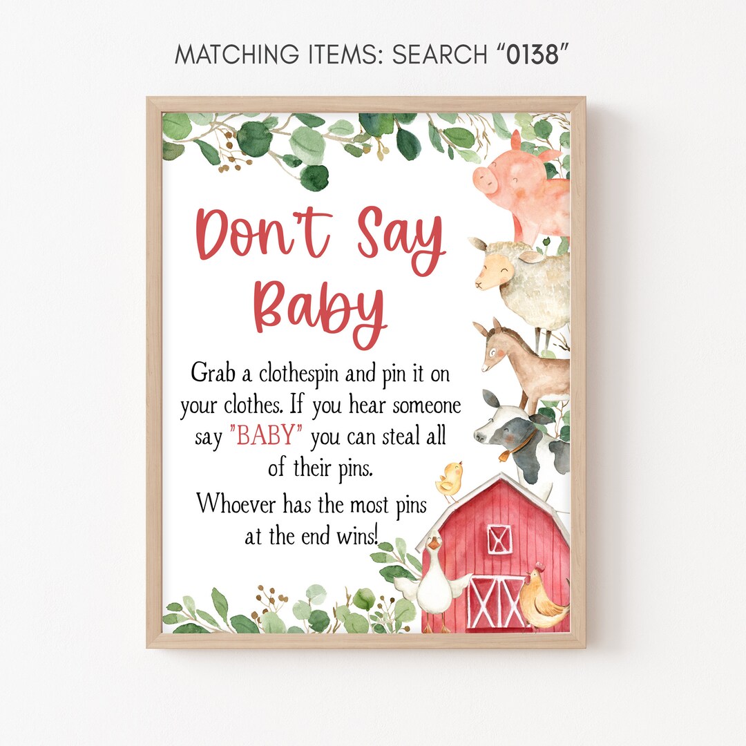 Don't Say Baby Sign Farm Animal Baby Shower, Boy Farm Don't Say Baby ...