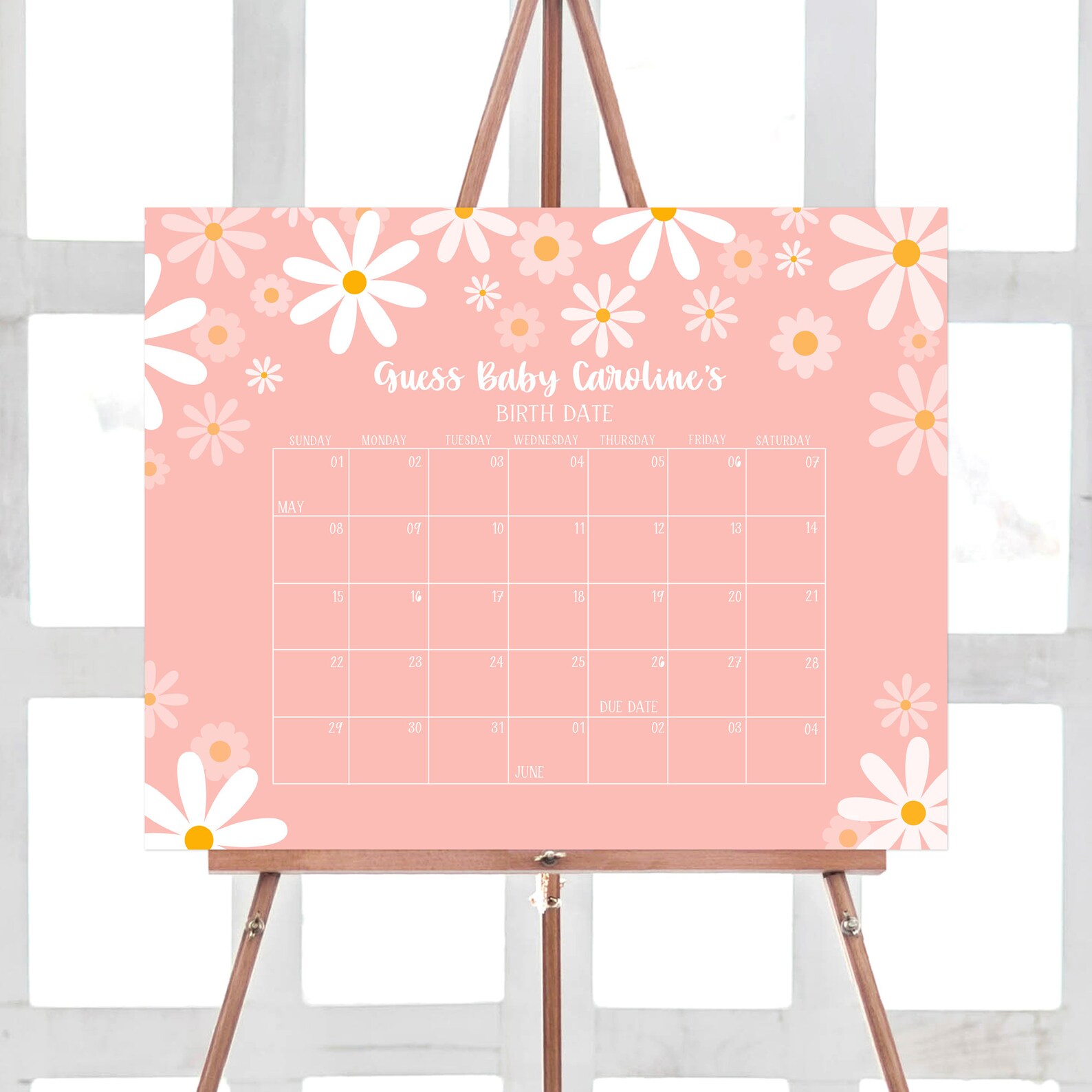 Editable Daisy Baby Shower Calendar Bohemian Baby Shower Due Date Game ...