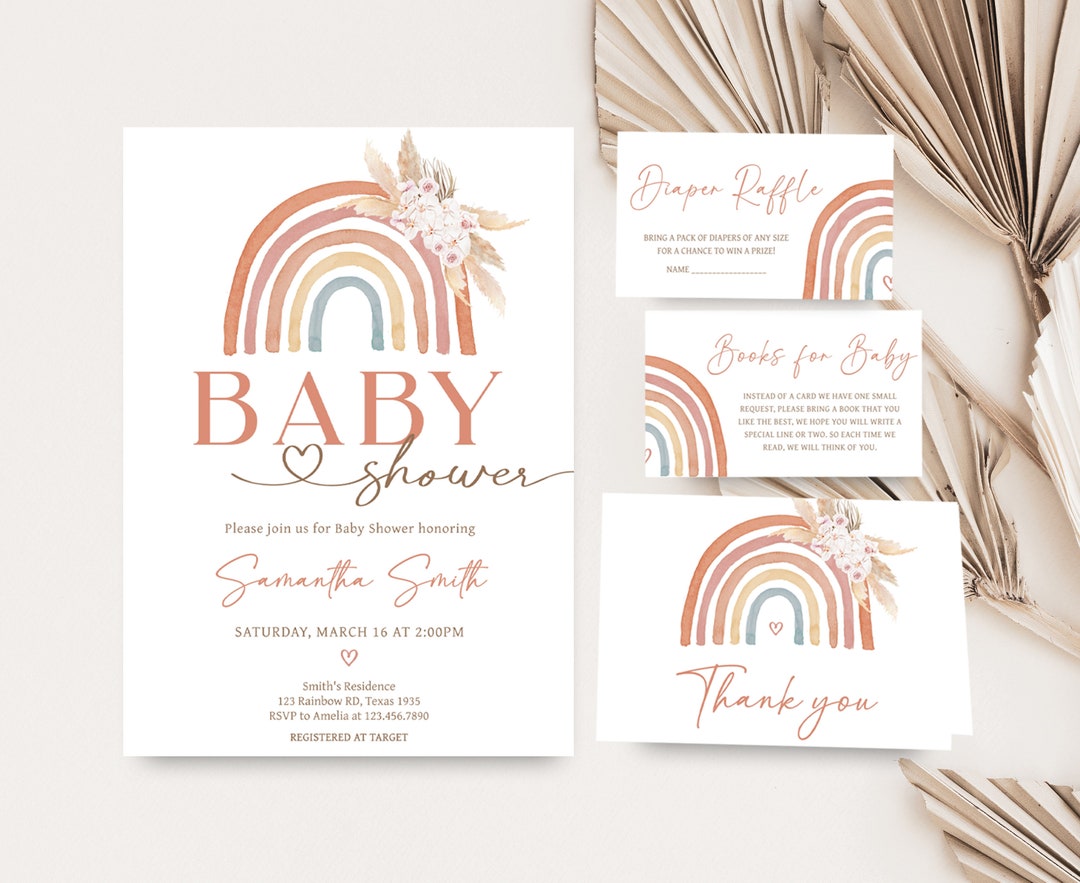 Editable Boho Rainbow Baby Shower Invitation Bundle, Pink Pampas Grass ...
