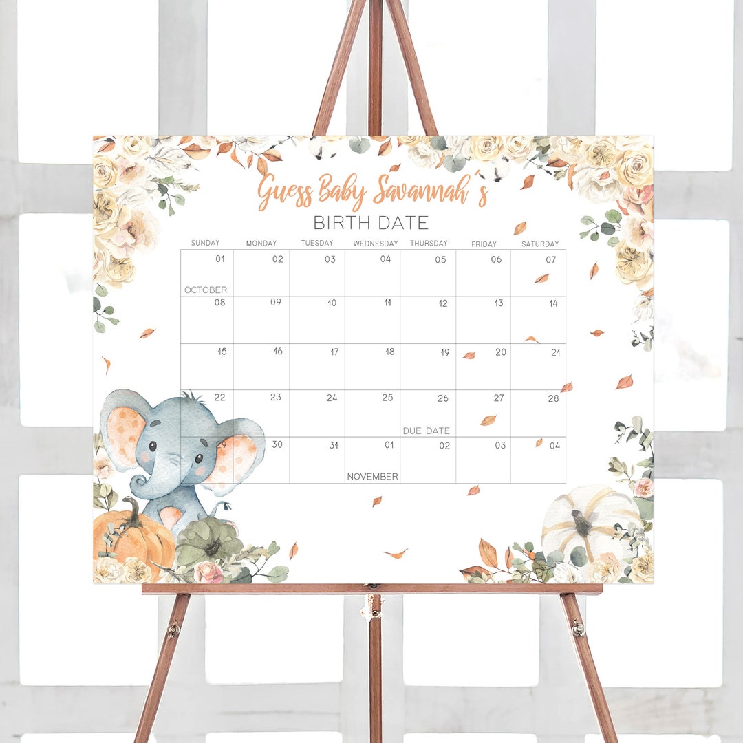 Editable Fall Elephant Baby Shower Due Date Calendar, Elephant Pumpkin ...