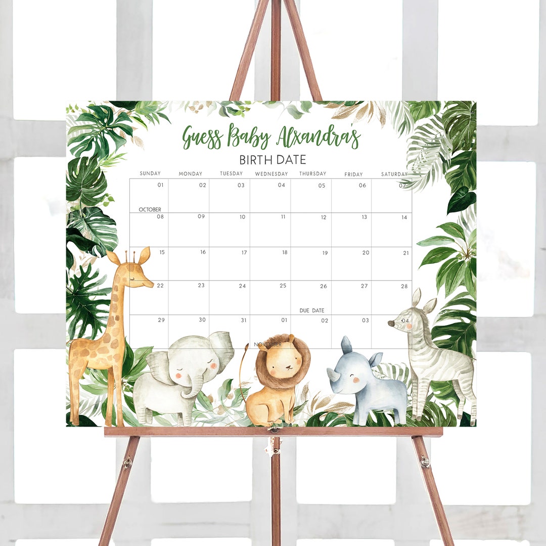 Editable Safari Baby Shower Due Date Calendar, Greenery Jungle Baby ...