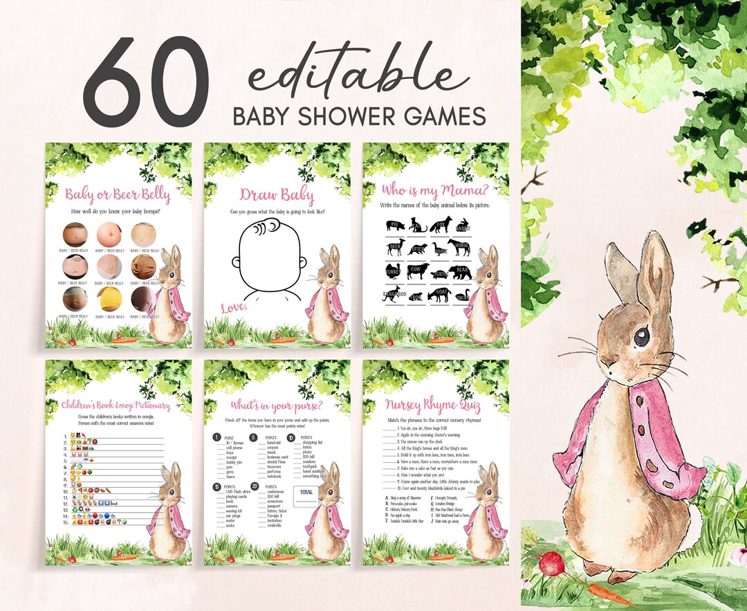 Editable Pink Peter Rabbit Baby Shower Games Bundle Girl Rustic Bunny ...