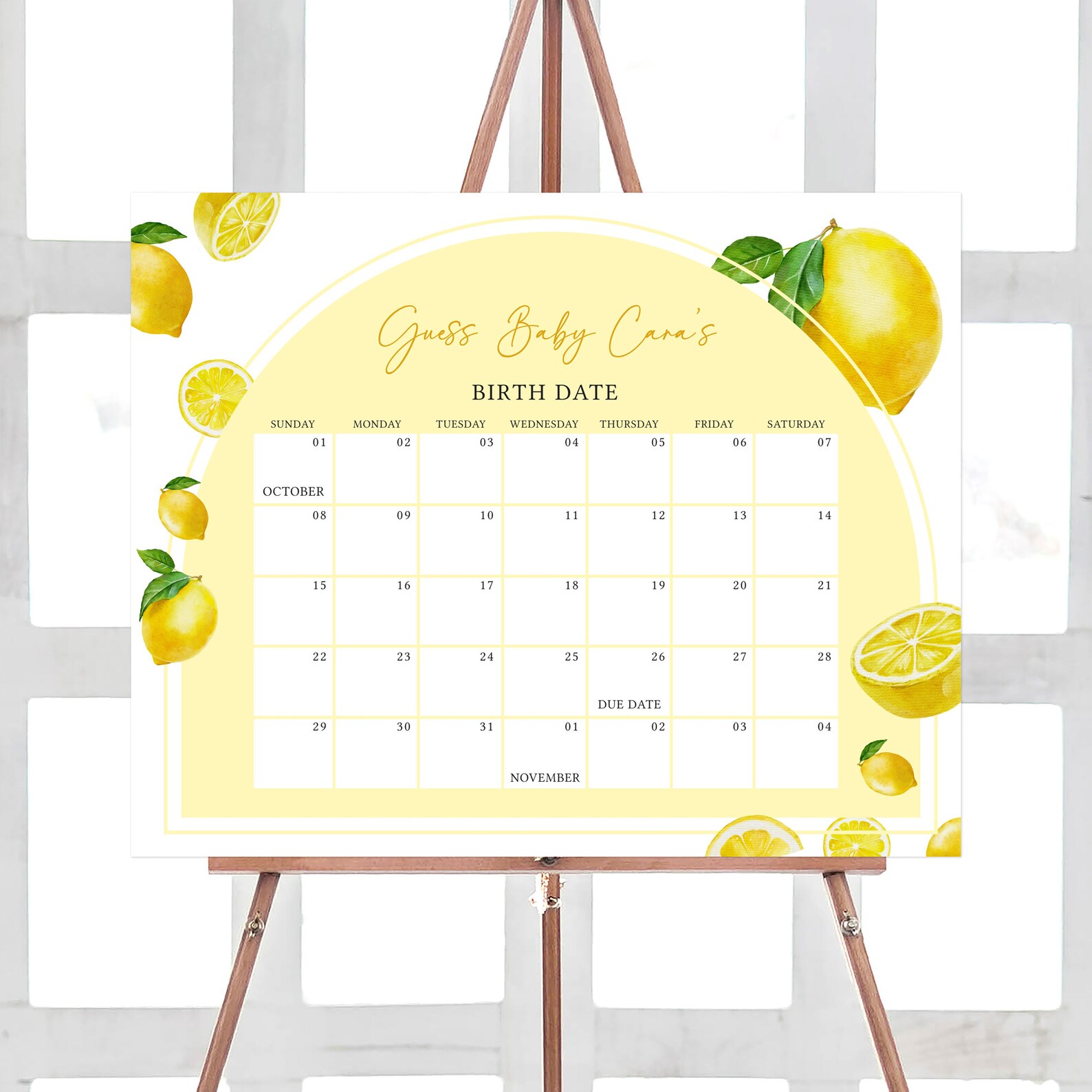 Editable Lemon Baby Shower Due Date Calendar, Sweet Little One Lemonade ...