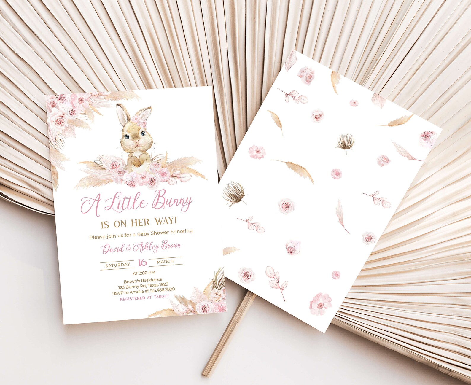 Editable Girl Rabbit Baby Shower Invitation Bundle, Pink Boho Rabbit ...