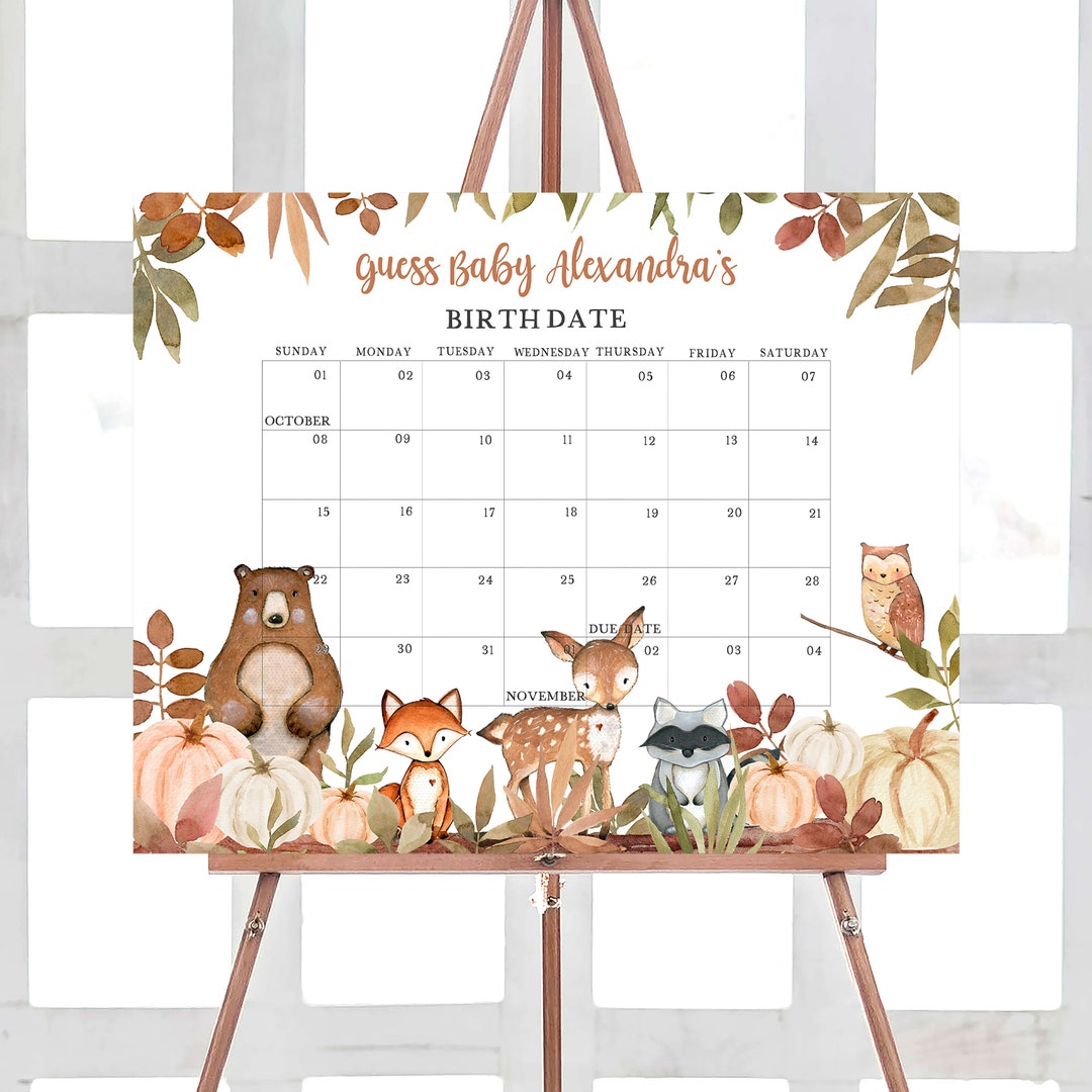 Editable Fall Pumpkin Woodland Baby Shower Due Date Calendar, Oh Boy ...