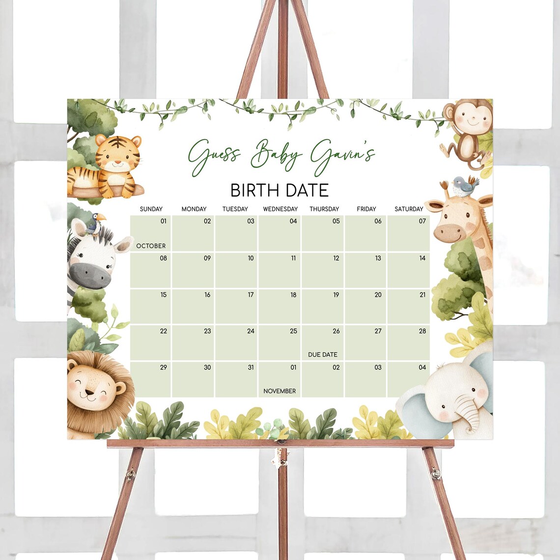 Editable It's A Boy Safari Baby Shower Due Date Calendar, Jungle Baby ...