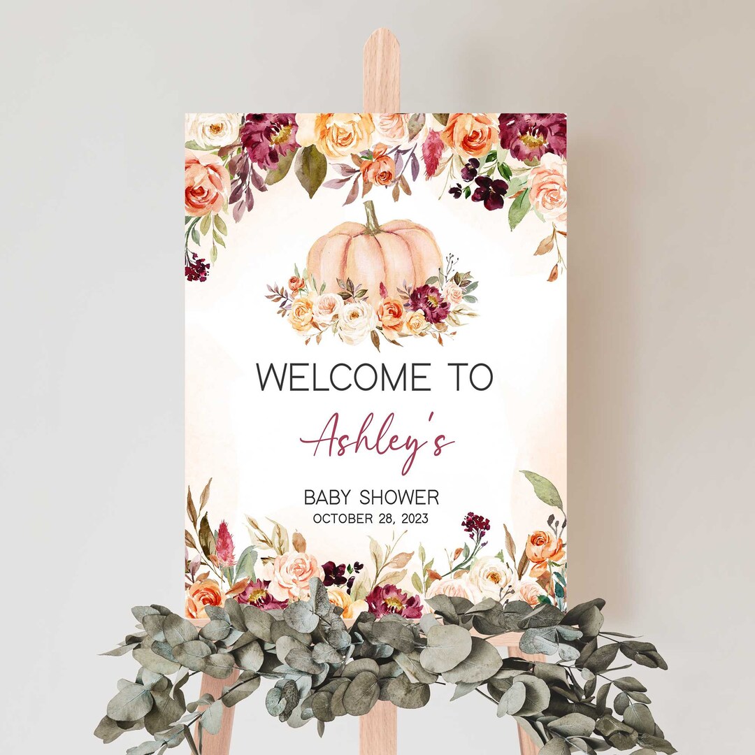 Editable Burgundy Fall Pumpkin Baby Shower Welcome Sign, A Little ...