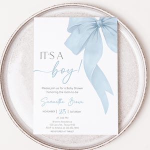 Editable Blue Bow Baby Shower Invitation, It's A Boy Coquette Baby ...