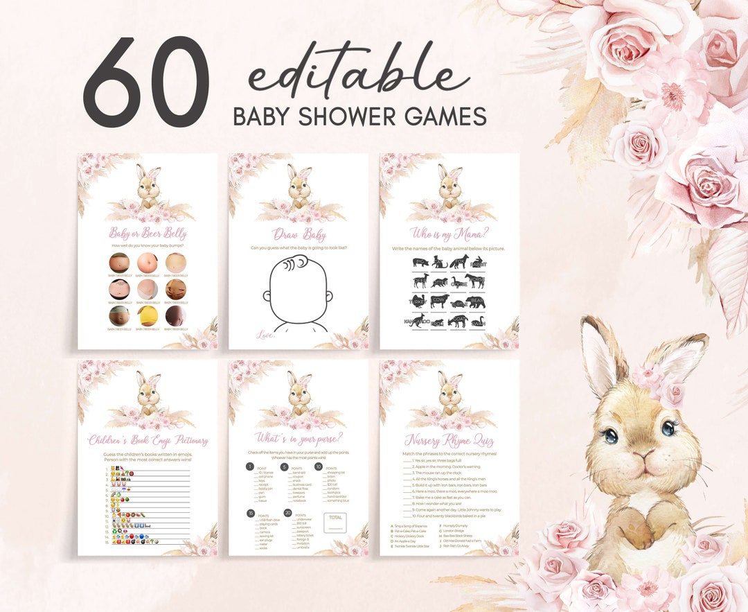 Editable Girl Rabbit Baby Shower Games Bundle, Pink Boho Rabbit Baby ...
