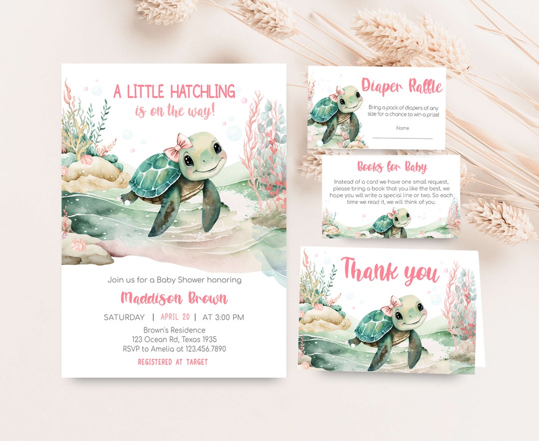 Editable Sea Turtle Baby Shower Invitation Bundle, Pink Under the Sea ...