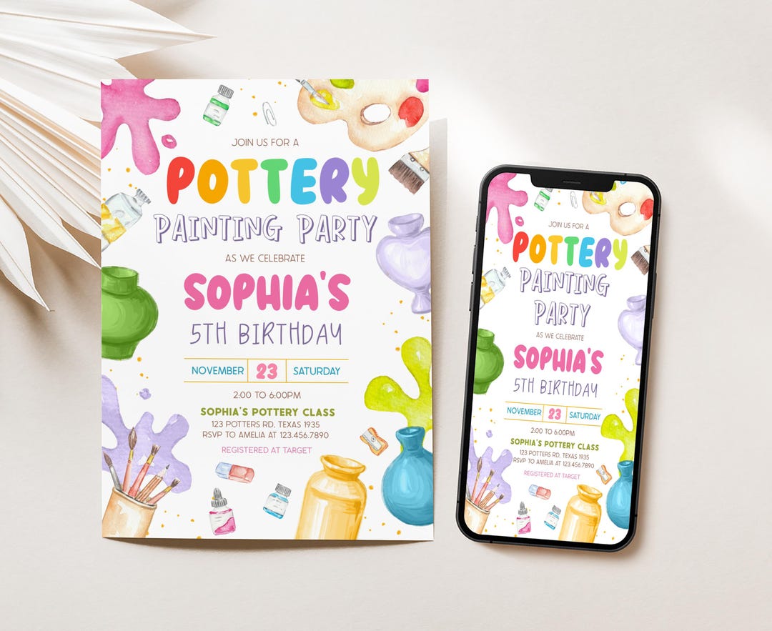 Editable Pottery Painting Birthday Invitation, Art Party Birthday ...