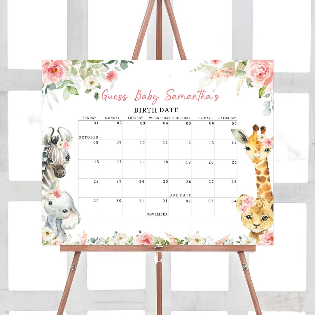 Editable Wild One Girl Safari Baby Shower Due Date Calendar Floral ...