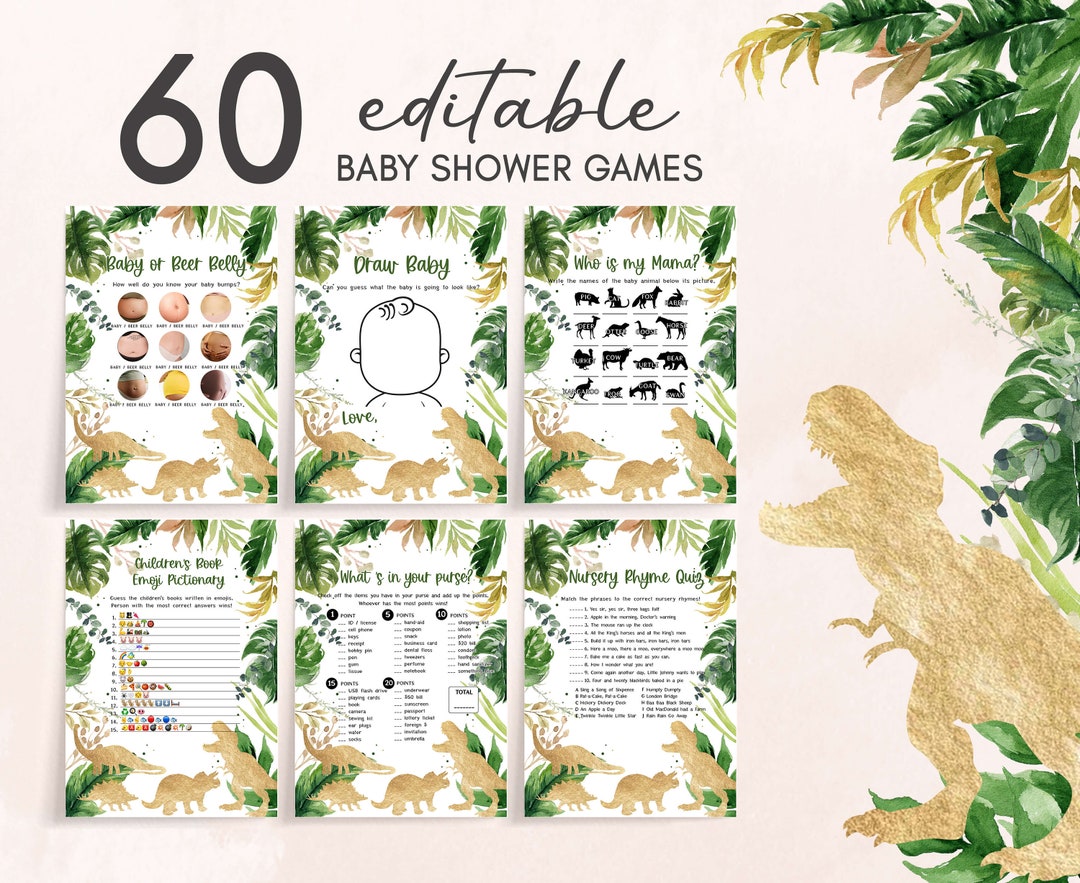 Dinosaur Baby Shower Games Bundle, Gold Dino Baby Shower Game Pack ...