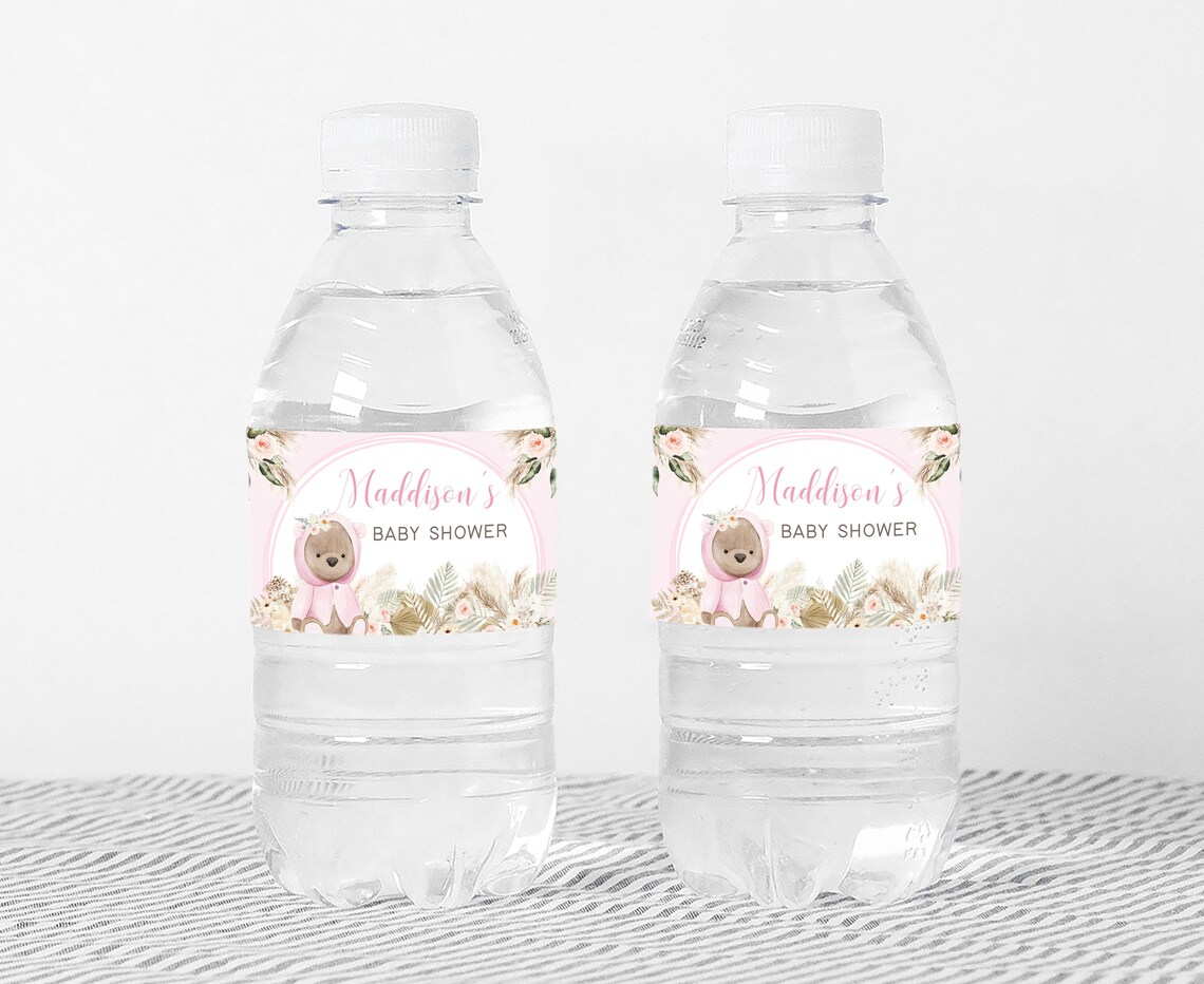 Editable Bear Baby Shower Bottle Label Pink Teddy Bear Baby Shower ...