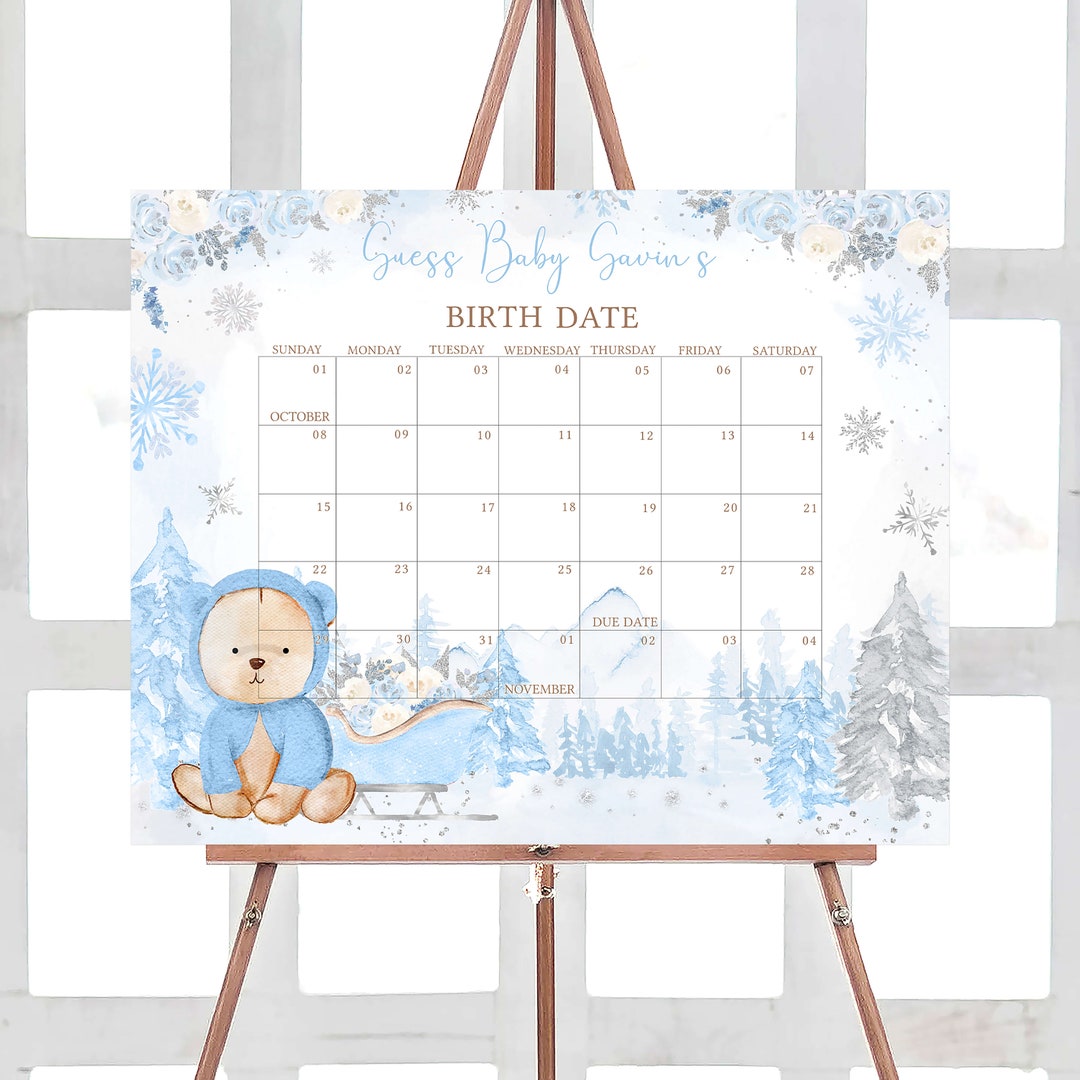 Editable Blue Winter Bear Baby Shower Due Date Calendar, Boy Bear ...