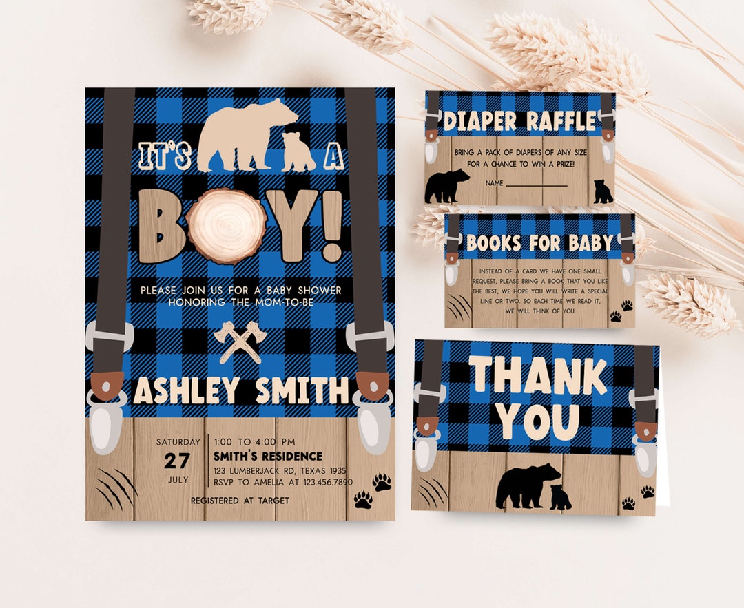 Editable Blue Lumberjack Baby Shower Invitation Bundle, Rustic Bear ...