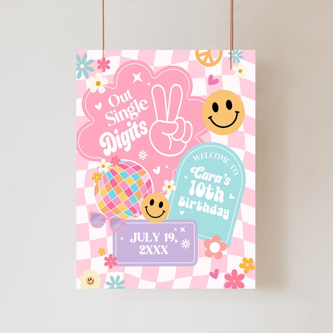 Editable Peace Out Single Digits Birthday Welcome Sign, Retro Checkered ...