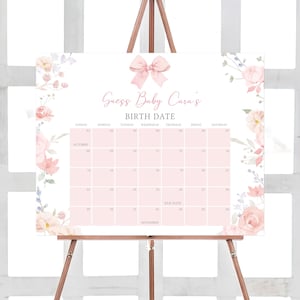 Editable Pink Bow Baby in Bloom Baby Shower Due Date Calendar, Girl ...
