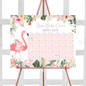 Editable Pink Flamingo Baby Shower Due Date Calendar, Floral Tropical ...