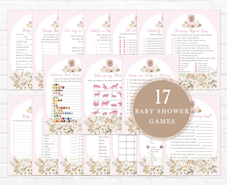 Bear Baby Shower Games Bundle Pink Teddy Bear Baby Shower | Etsy