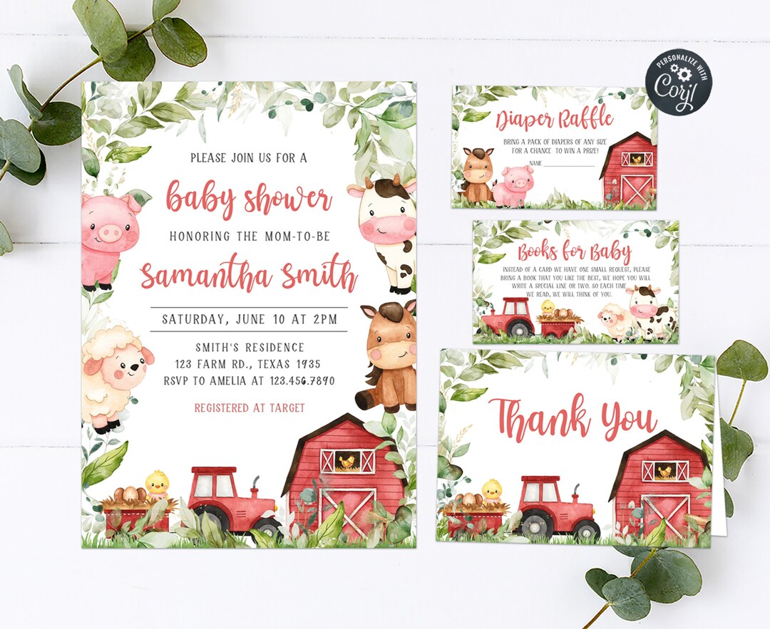 Editable Farm Baby Shower Invitation Set, Red Barnyard Baby Shower ...