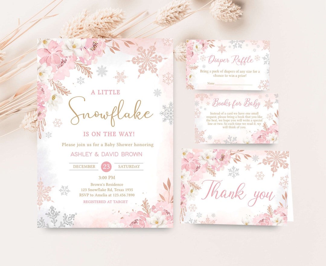 Editable Pink Snowflake Baby Shower Invitation Bundle, Pink A Little ...