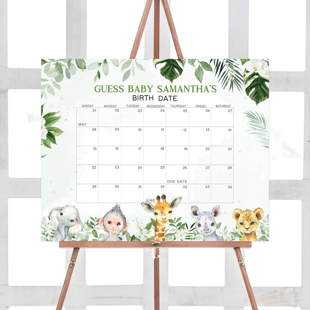 Editable Safari Baby Shower Calendar, Jungle Baby Shower Due Date Game ...
