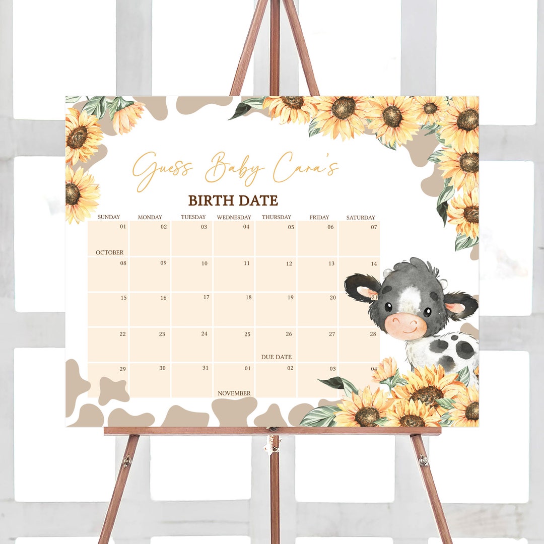 Editable Sunflower Highland Cow Baby Shower Due Date Calendar, Holy Cow ...