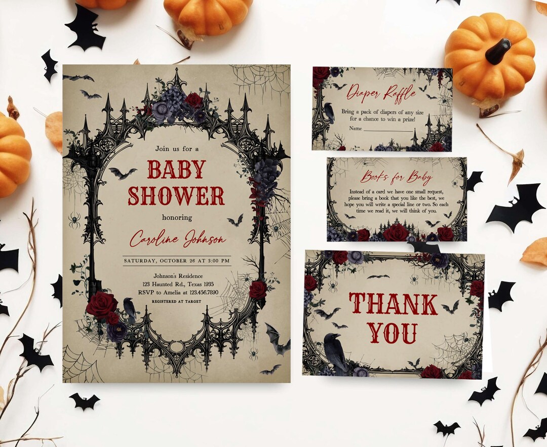 Editable Gothic Halloween Baby Shower Invitation Bundle, Vintage Spooky ...