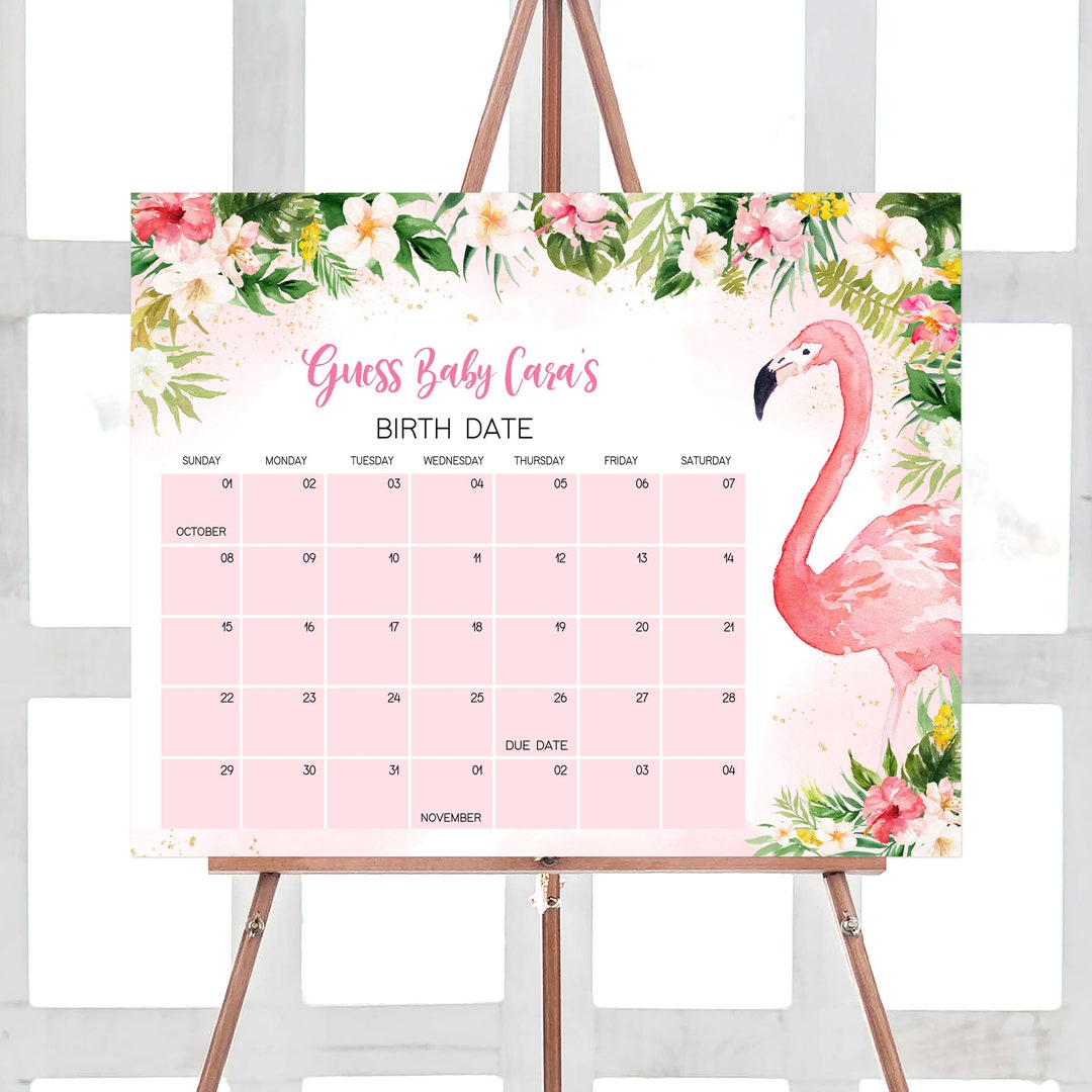 Editable Flamingo Baby Shower Due Date Calendar, Floral Hawaiian Girl ...